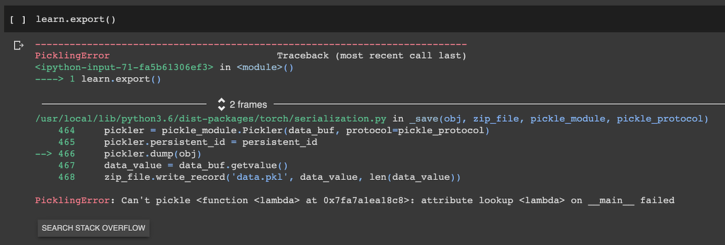 Problems using learn.export(): "PicklingError: Can't pickle