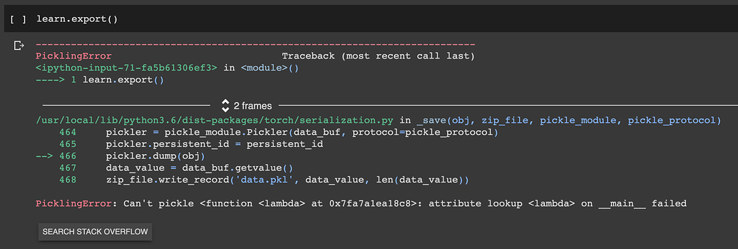 Problems using learn.export(): "PicklingError: Can't pickle
