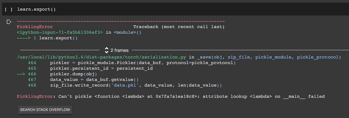 Problems using learn.export(): "PicklingError: Can't pickle