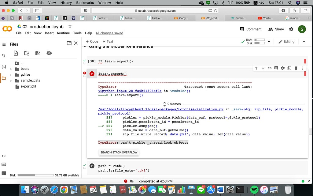 Type error can't pickle _thread.lock object learn.export() - Part 1 ... Type error can't pickle _thread.lock object learn.export() - Part 1 ...